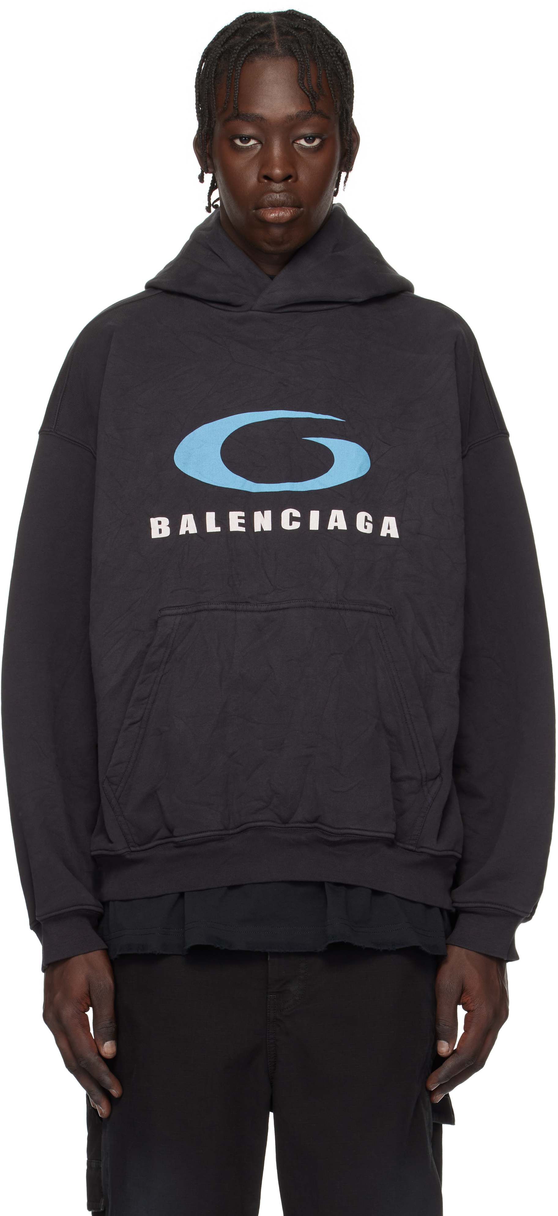 Balenciaga Loop Sports Icon Medium Fit Hoodie In Washed Black/Blue